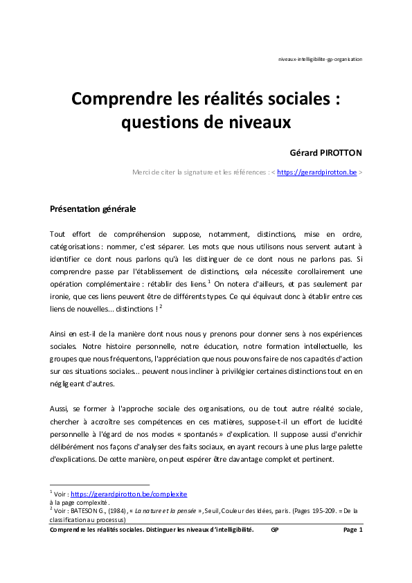 (PDF) Comprendre les réalités sociales : questions de niveaux Gérard ...
