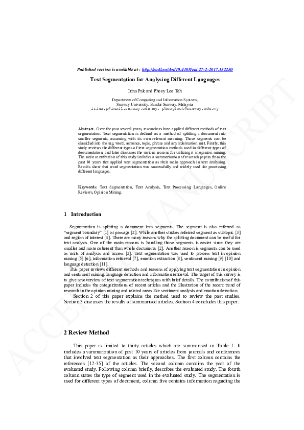 Pdf Text Segmentation For Analysing Different Languages