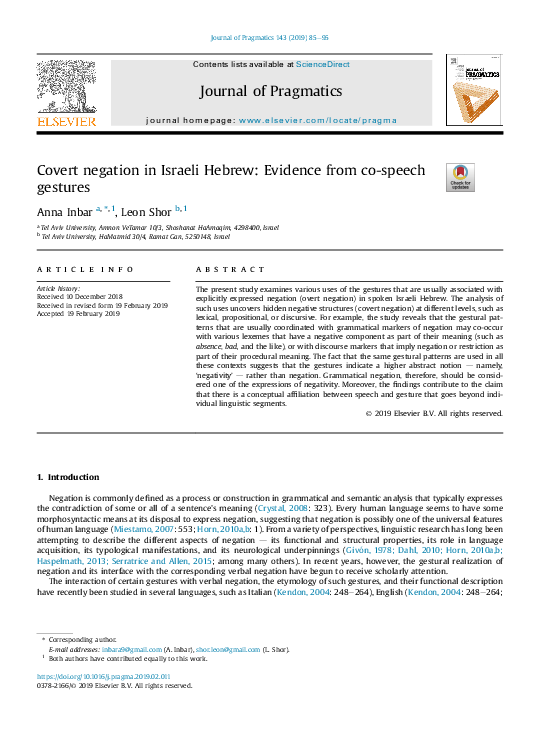 Inbar, A. & Shor, L. (2019). Covert negation in Israeli Hebrew ...