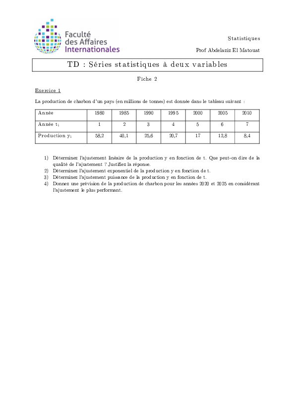 (PDF) Statistiques TD : Séries statistiques à deux variables Fiche 2 Exercice 1