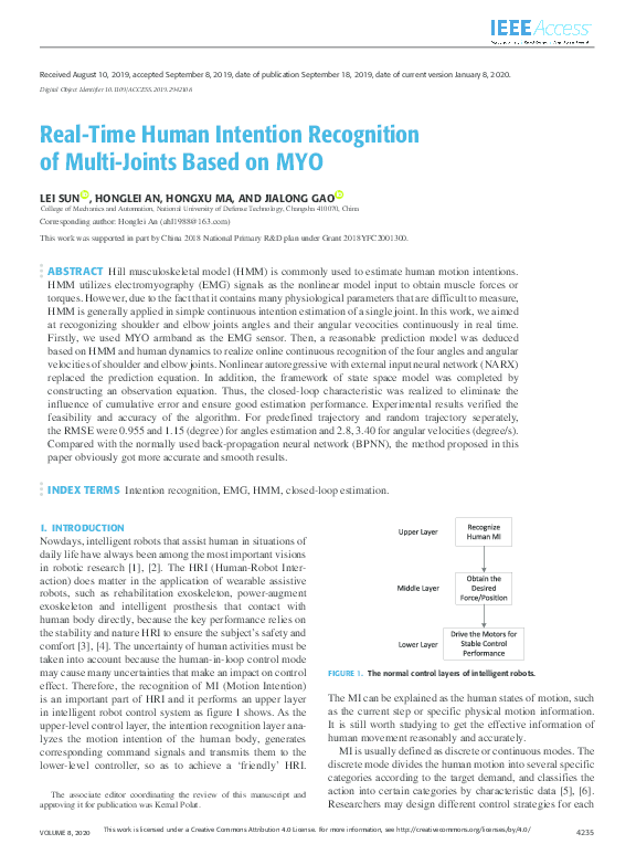 (PDF) Real-Time Human Intention Recognition of Multi-Joints Based on MYO