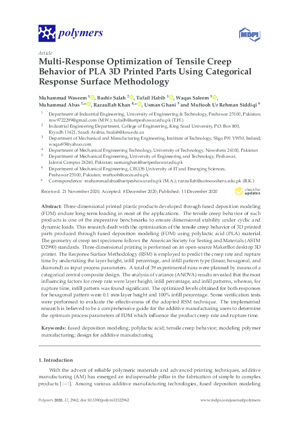 (PDF) Multi-Response Optimization of Tensile Creep Behavior of PLA 3D Printed Parts Using ...