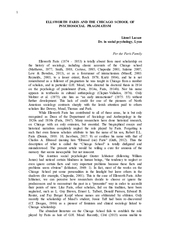 (PDF) ELLSWORTH FARIS AND THE CHICAGO SCHOOL OF PSYCHOSOCIAL PRAGMATISM