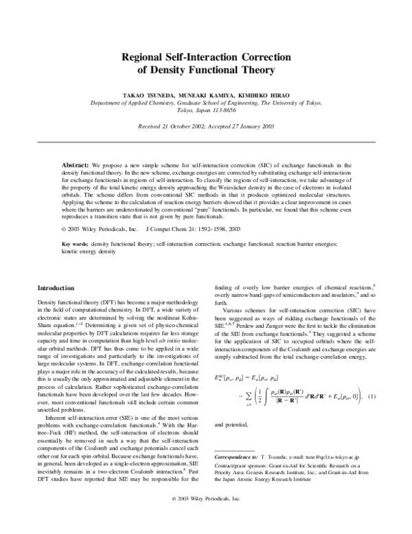 Pdf Regional Self Interaction Correction Of Density Functional Theory