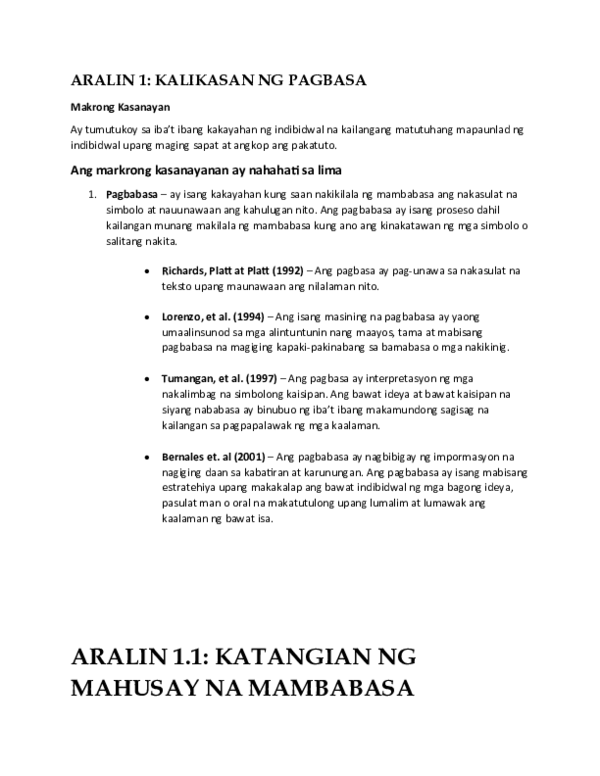 (DOC) ARALIN 1: KALIKASAN NG PAGBASA ARALIN 1.1: KATANGIAN NG MAHUSAY ...