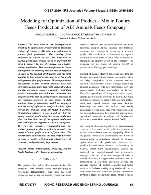 (PDF) Modeling for Optimization of Product -Mix in Poultry Feeds Production of ABJ Animals Feeds ...