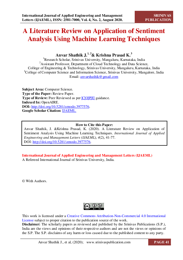 (PDF) A Literature Review on Application of Sentiment Analysis Using Machine Learning Techniques