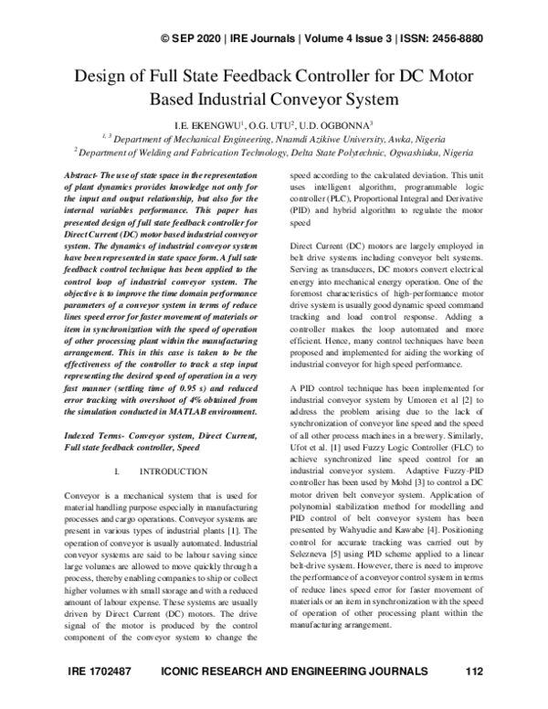 Pdf Design Of Full State Feedback Controller For Dc Motor Based Industrial Conveyor System