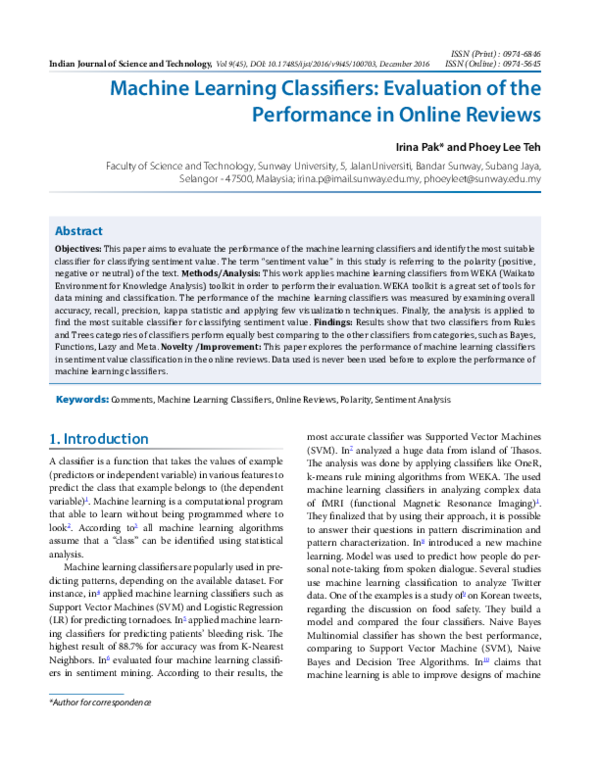 (PDF) Machine Learning Classifiers Evaluation of the performance