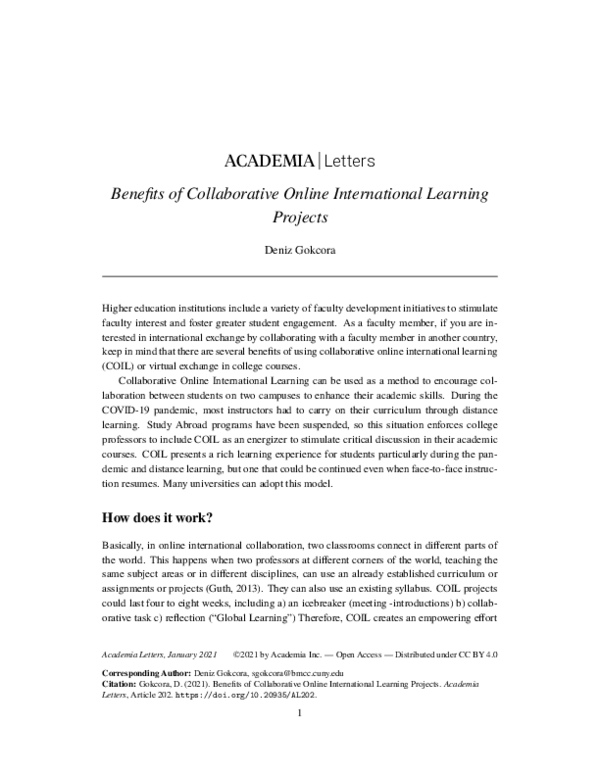 (PDF) Benefits of Collaborative Online International Learning Projects