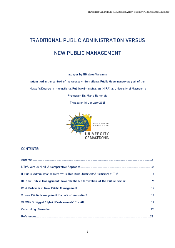 (PDF) Traditional Public Administration versus New Public Management