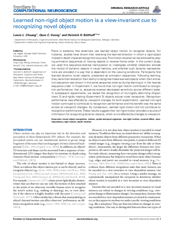 Pdf Learned Non Rigid Object Motion Is A View Invariant Cue To Recognizing Novel Objects