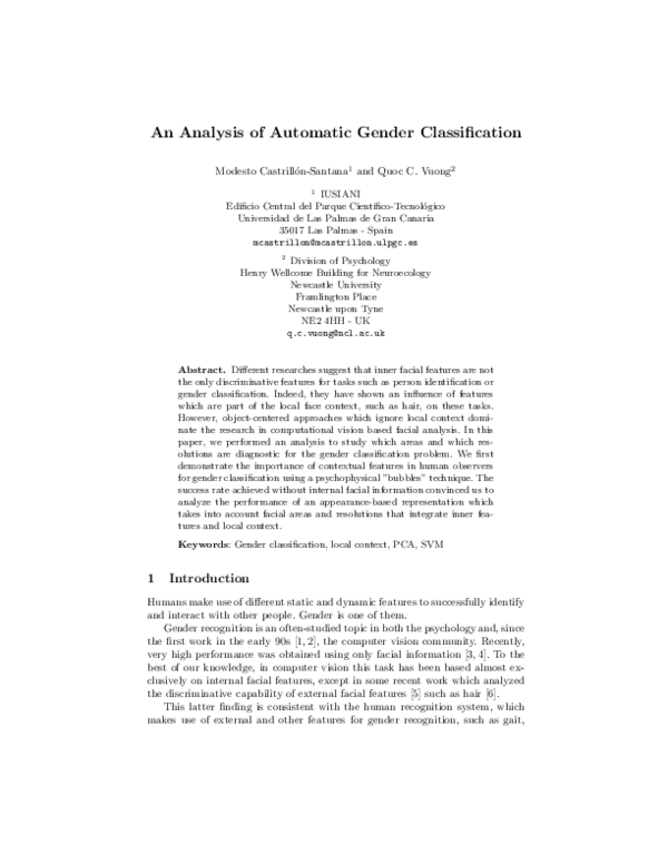 Pdf An Analysis Of Automatic Gender Classification