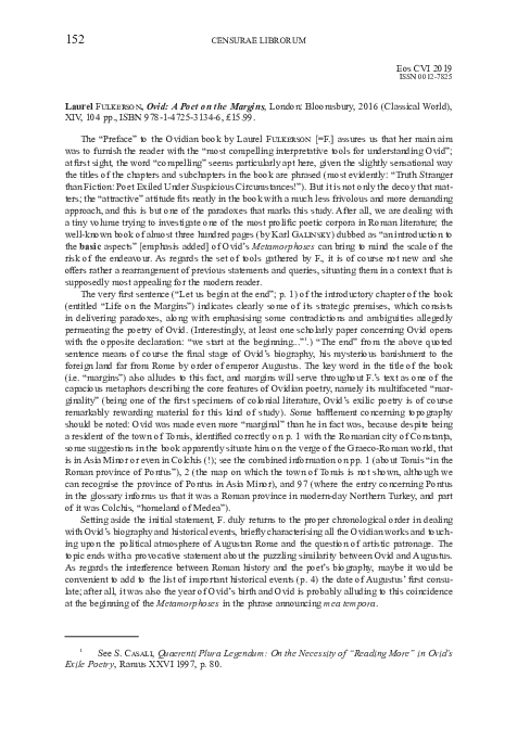 (PDF) Review: Laurel Fulkerson, Ovid A Poet on the Margins