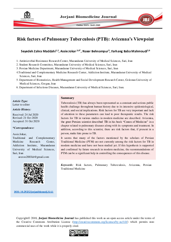 (PDF) Risk factors of Pulmonary Tuberculosis (PTB): Avicenna's Viewpoint