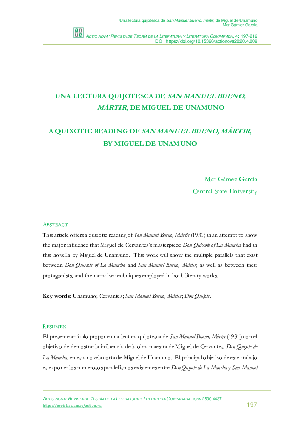 (PDF) Una lectura quijotesca de "San Manuel Bueno, Mártir", de Miguel ...