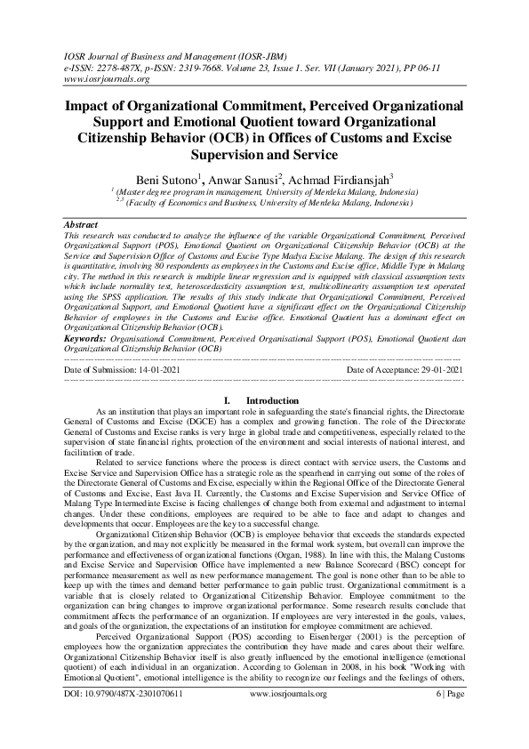 (PDF) Impact of Organizational Commitment, Perceived Organizational Support and Emotional ...
