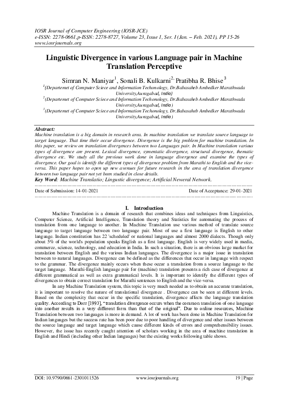 (PDF) Linguistic Divergence in various Language pair in Machine ...