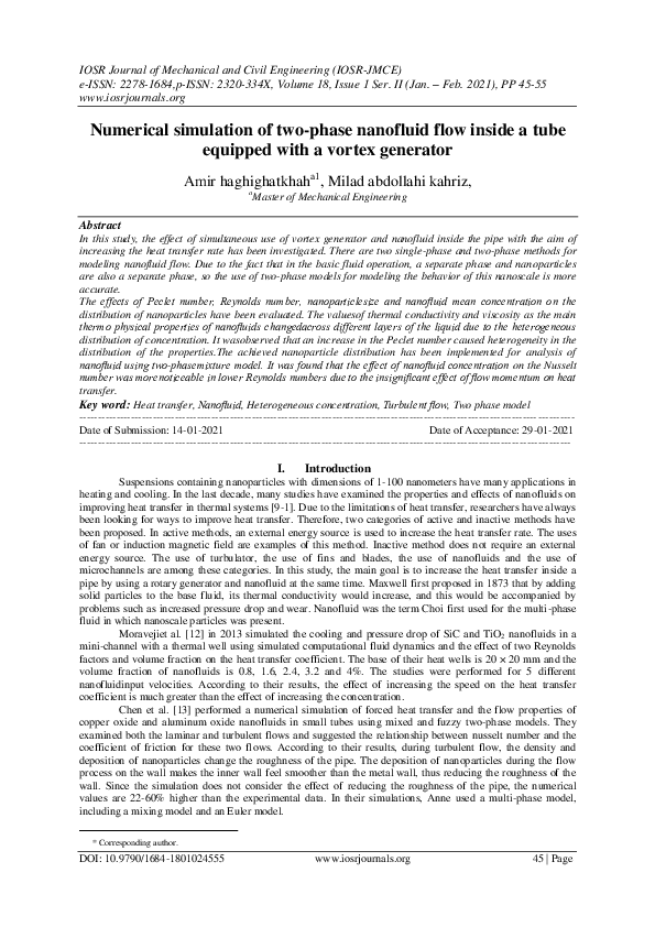 (PDF) Numerical simulation of two-phase nanofluid flow inside a tube equipped with a vortex ...