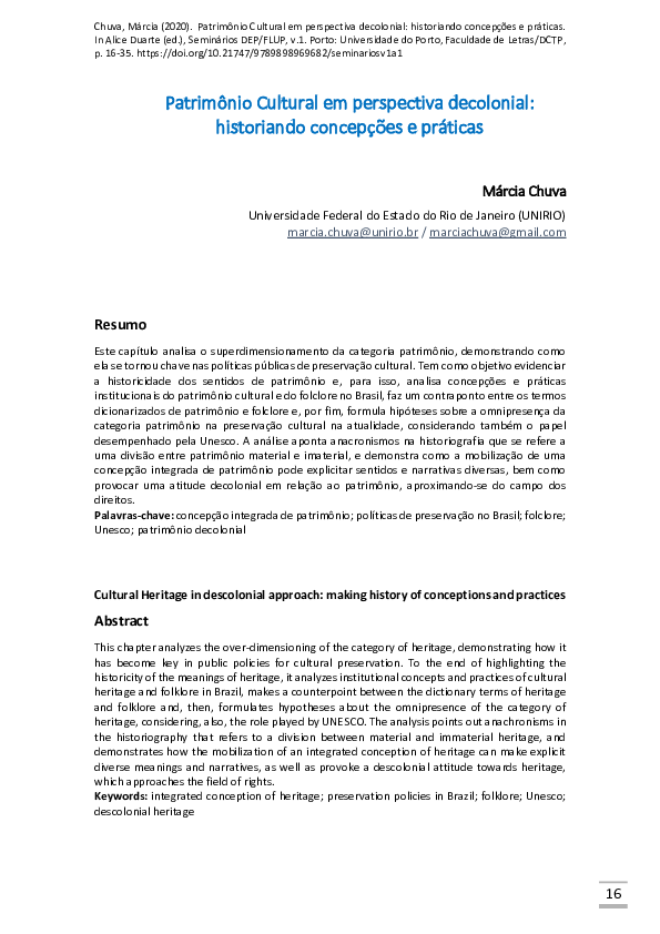 (PDF) Patrimônio Cultural em perspectiva decolonial: historiando ...