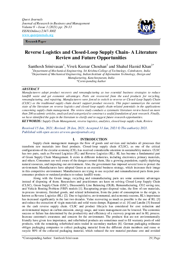 (PDF) Reverse Logistics and Closed-Loop Supply Chain-A Literature ...
