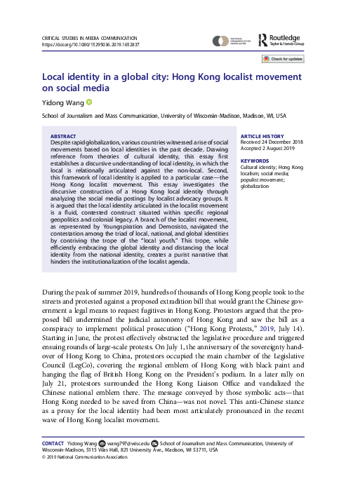 (PDF) Local identity in a global city: Hong Kong localist movement on ...