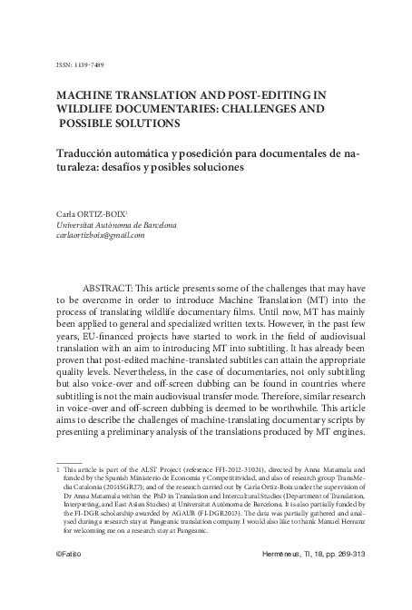 (PDF) Machine translation and post-editing in wildlife documentaries ...