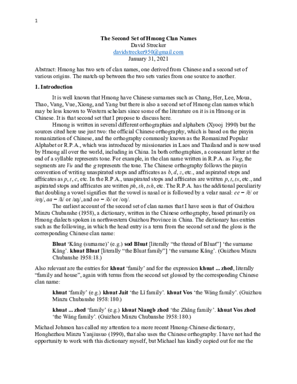 (PDF) The Second Set of Hmong Clan Names
