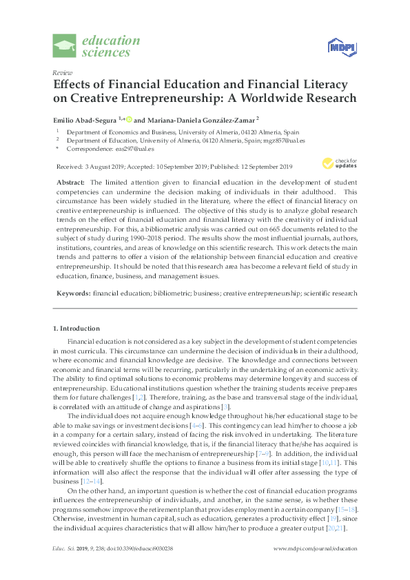 (PDF) Effects of Financial Education and Financial Literacy on Creative ...