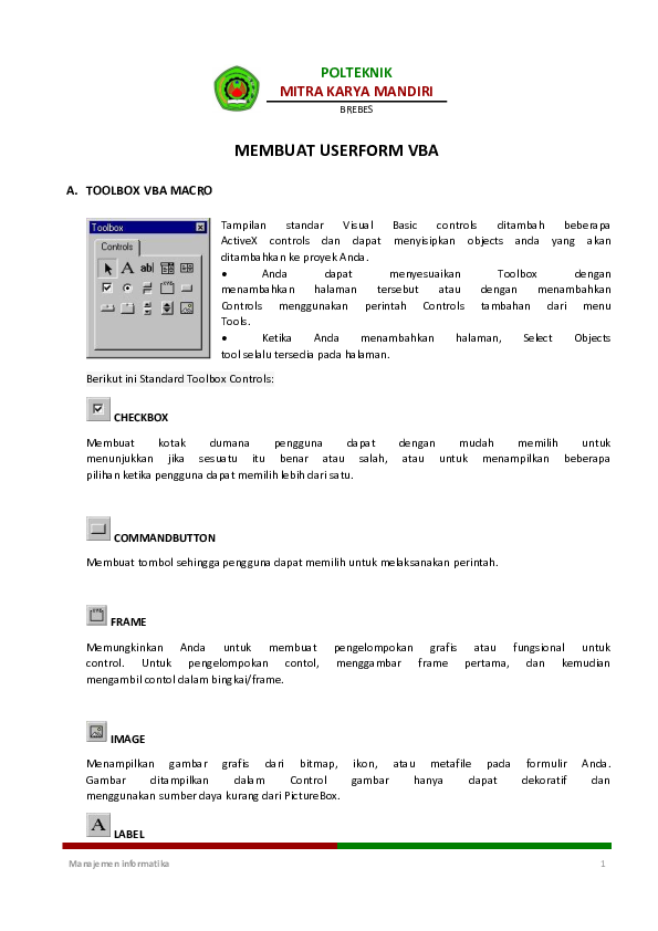 (PDF) Macro Excel - Membuat Userform VBA (PDF) Macro Excel - Membuat Userform VBA