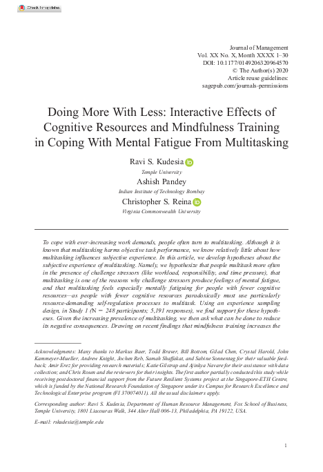 (PDF) Doing More With Less: Interactive Effects of Cognitive Resources and Mindfulness Training ...