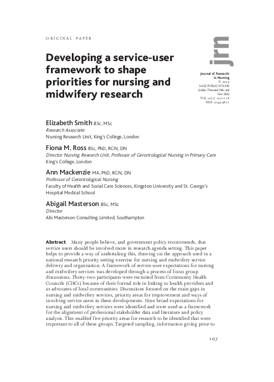 (PDF) Developing a service-user framework to shape priorities for ...