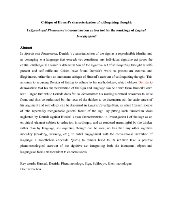 (DOC) Critique of Husserl's characterization of soliloquizing thought ...