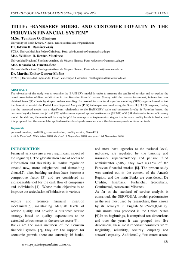 (PDF) BANKSERV MODEL AND CUSTOMER LOYALTY IN THE PERUVIAN FINANCIAL SYSTEM