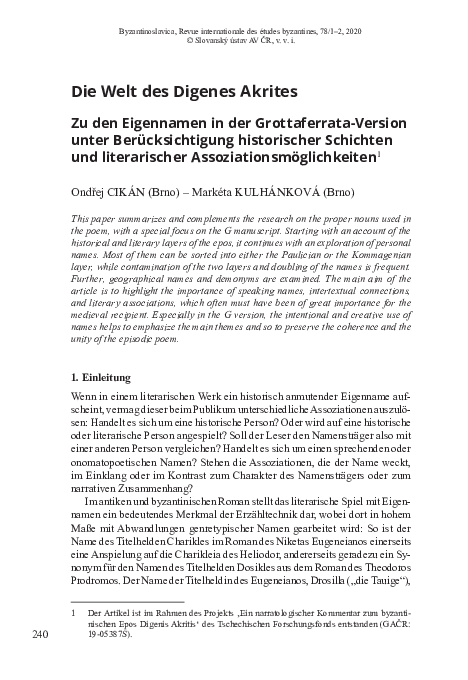 (PDF) Die Welt des Digenes Akrites. Zu den Eigennamen in der ...