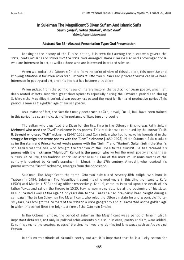 (PDF) Kânûnî Sultan Süleyman (Muhibbî) Divân'ında Sûfilik ve İslam Sûfileri