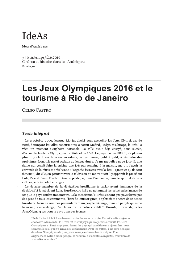 (PDF) Les Jeux Olympiques 2016 et le tourisme a Rio de Janeiro