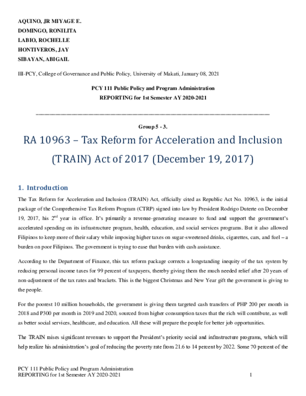 (PDF) Policy Analysis on Republic Act 10963 also known as "Tax Reform ...
