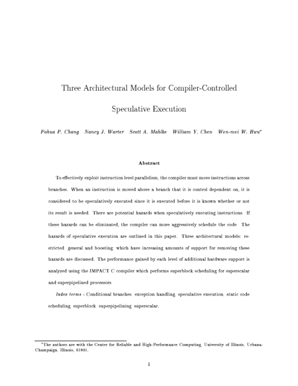 Pdf Three Architectural Models For Compiler Controlled Speculative Execution