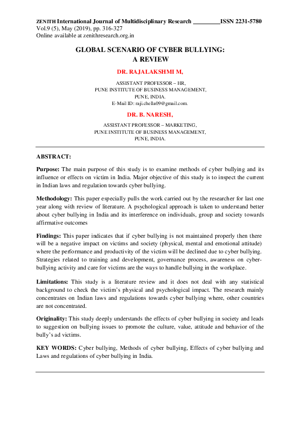 (PDF) GLOBAL SCENARIO OF CYBER BULLYING: A REVIEW