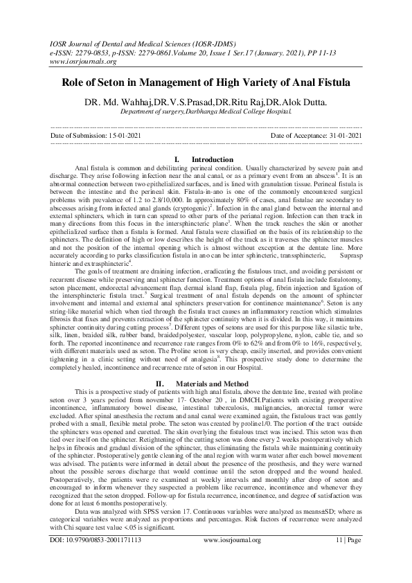 (PDF) Role of Seton in Management of High Variety of Anal Fistula