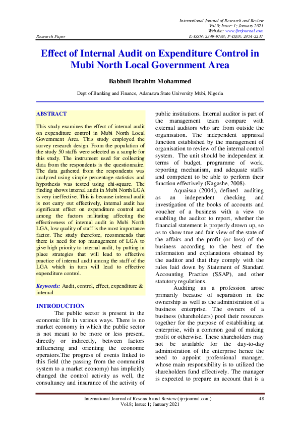 (PDF) Effect of Internal Audit on Expenditure Control in Mubi North ...