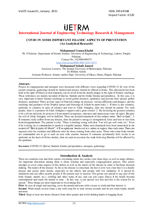 (PDF) COVID 19: SOME IMPORTANT ISLAMIC ASPECTS OF PREVENTION (An ...
