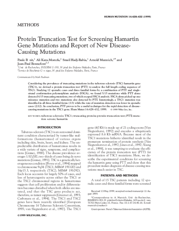 (PDF) Protein truncation test for screening hamartin gene mutations and ...