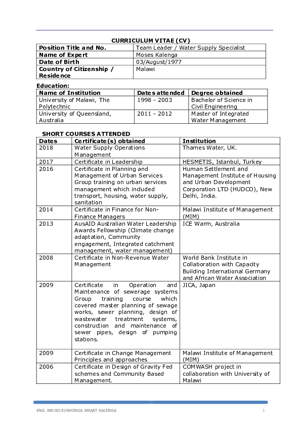 (PDF) ENG. MOSES KUWONGA SMART KALENGA CURRICULUM VITAE (CV) Position ...