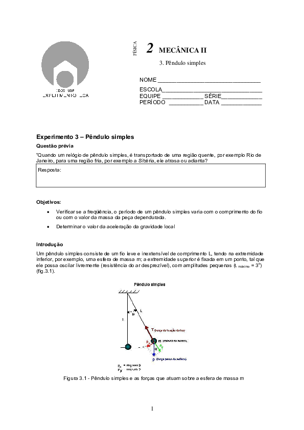 (PDF) Experimento 3 -Pêndulo simples