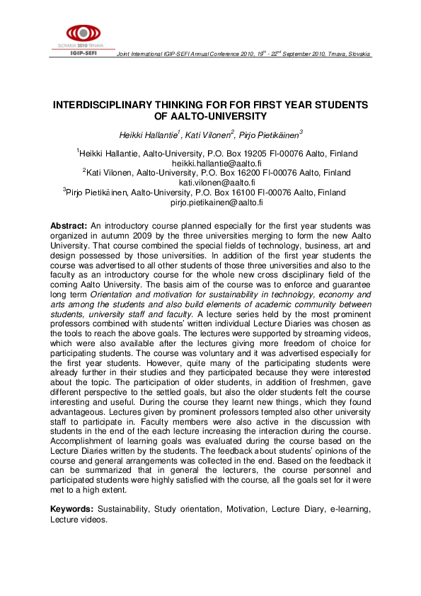 (PDF) INTERDISCIPLINARY THINKING FOR FIRST YEAR STUDENTS OF AALTO ...