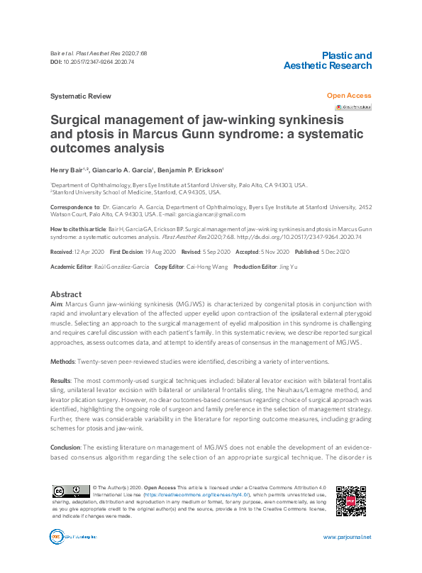 (PDF) Surgical management of jaw-winking synkinesis and ptosis in ...