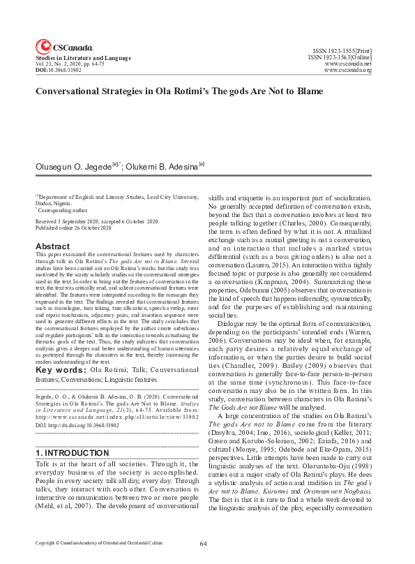 (PDF) Conversational Strategies in Ola Rotimi's The gods Are Not to Blame