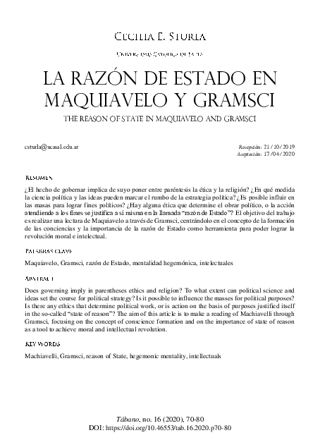 (PDF) La razón de estado en Maquiavelo y Gramsci